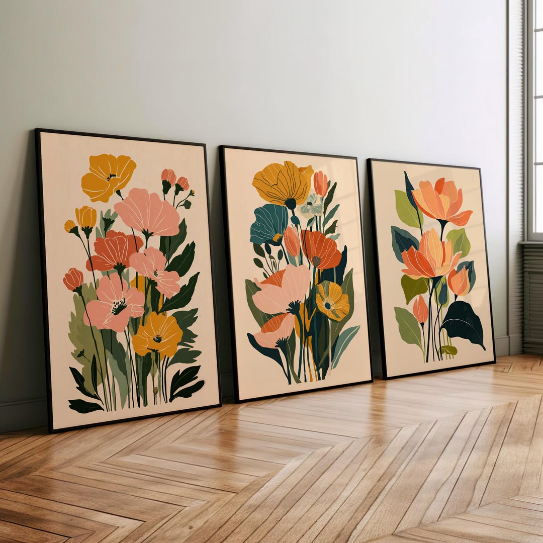 Modern Boho Abstract Flowers Set of 3 Poster or Canvas Print, Abstract ...