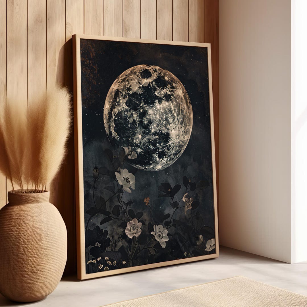 Moon Eclipse Botanical Painting Poster or Canvas Print, Celestial Moon Floral Print, Dark ...