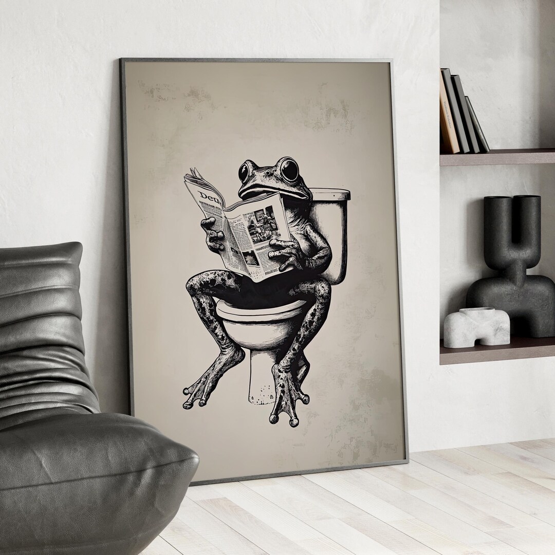Funny Frog on Toilet Reading Newspaper Vintage Style Art Poster or ...