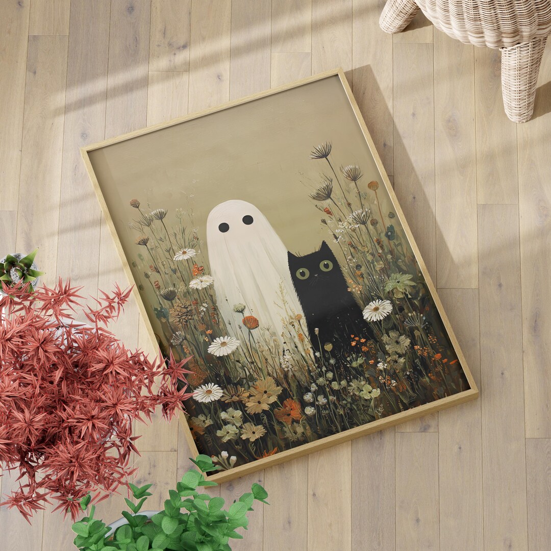 Whimsigoth Black Cat and Ghost in Wildflowers Painting Poster or Canvas ...