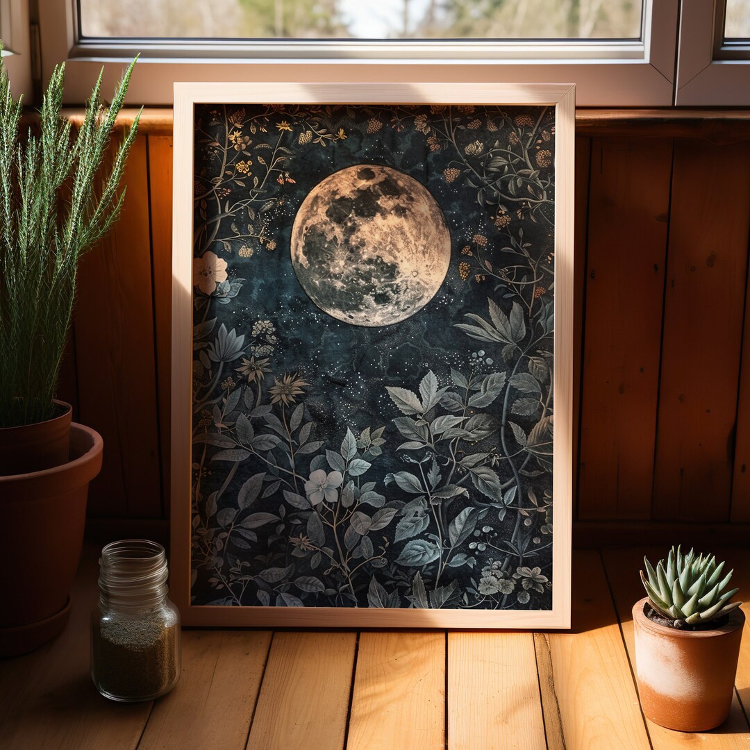 Moon Eclipse Botanical William Morris Inspired Art Print or Canvas, Dark Cottagecore Decor, Dark ...