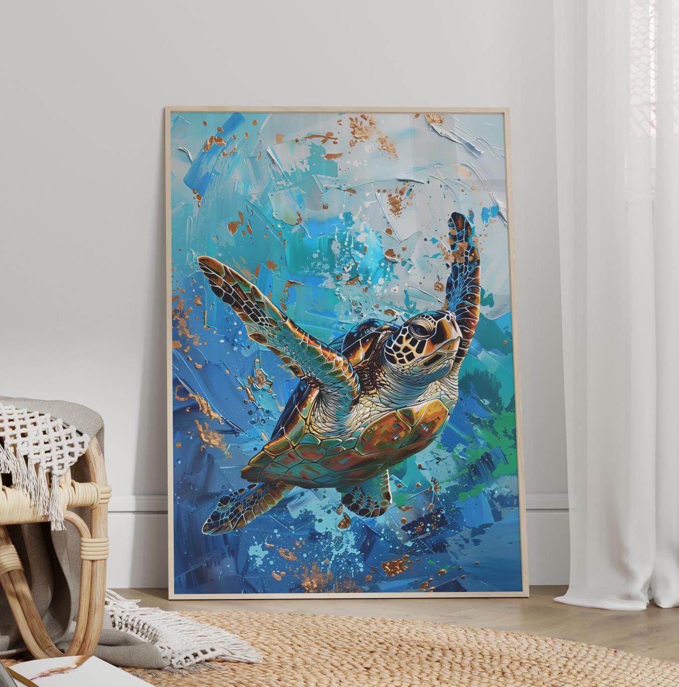 Sea Turtle Abstract Painting Poster or Canvas Print, Sea Turtle in Blue ...