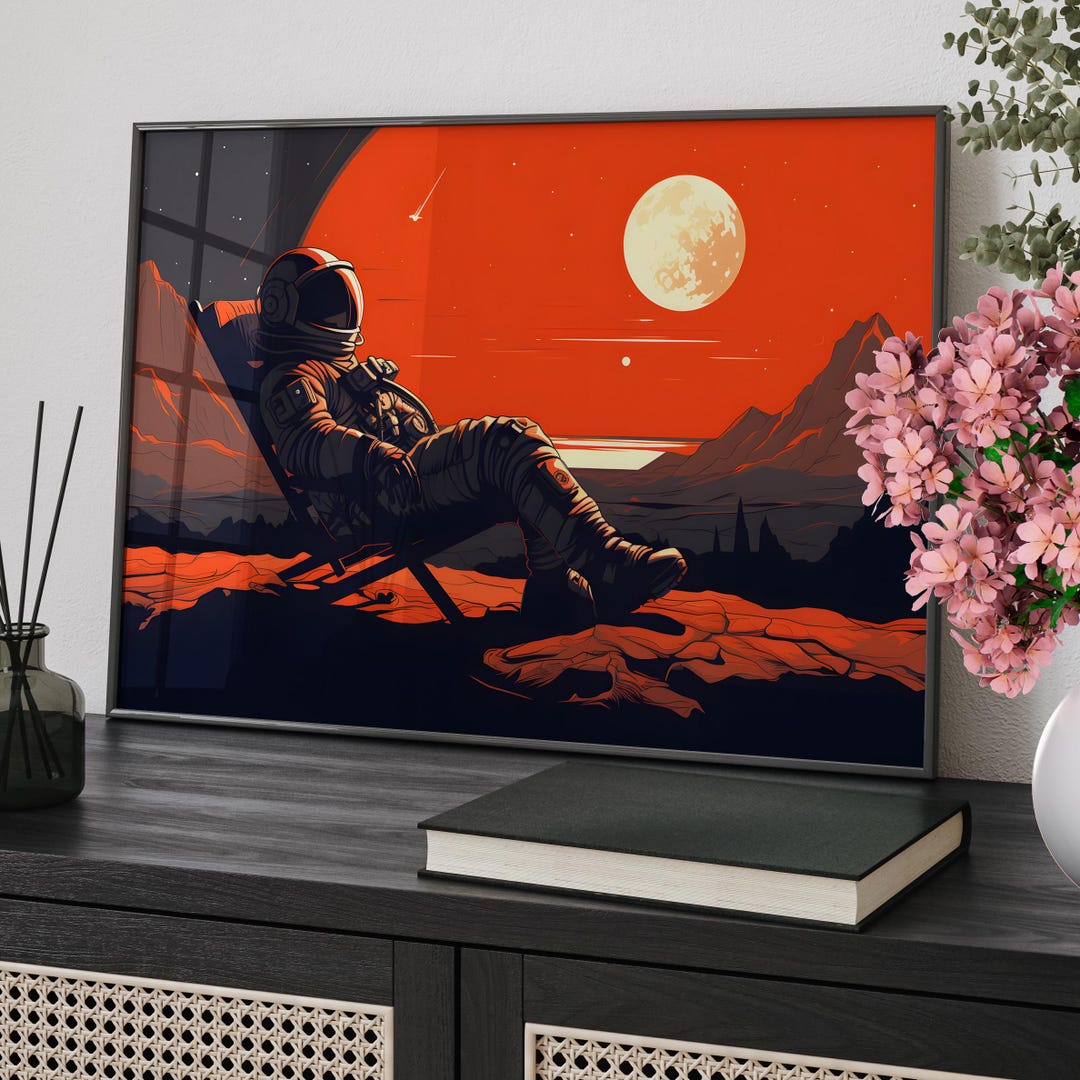 Astronaut Chilling on Mars Retro Art Print or Canvas, Relaxing on Outer ...