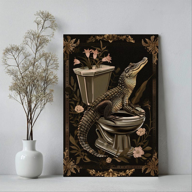 Botanical Alligator on the Toilet Floral Vintage Style Whimsical Wall ...