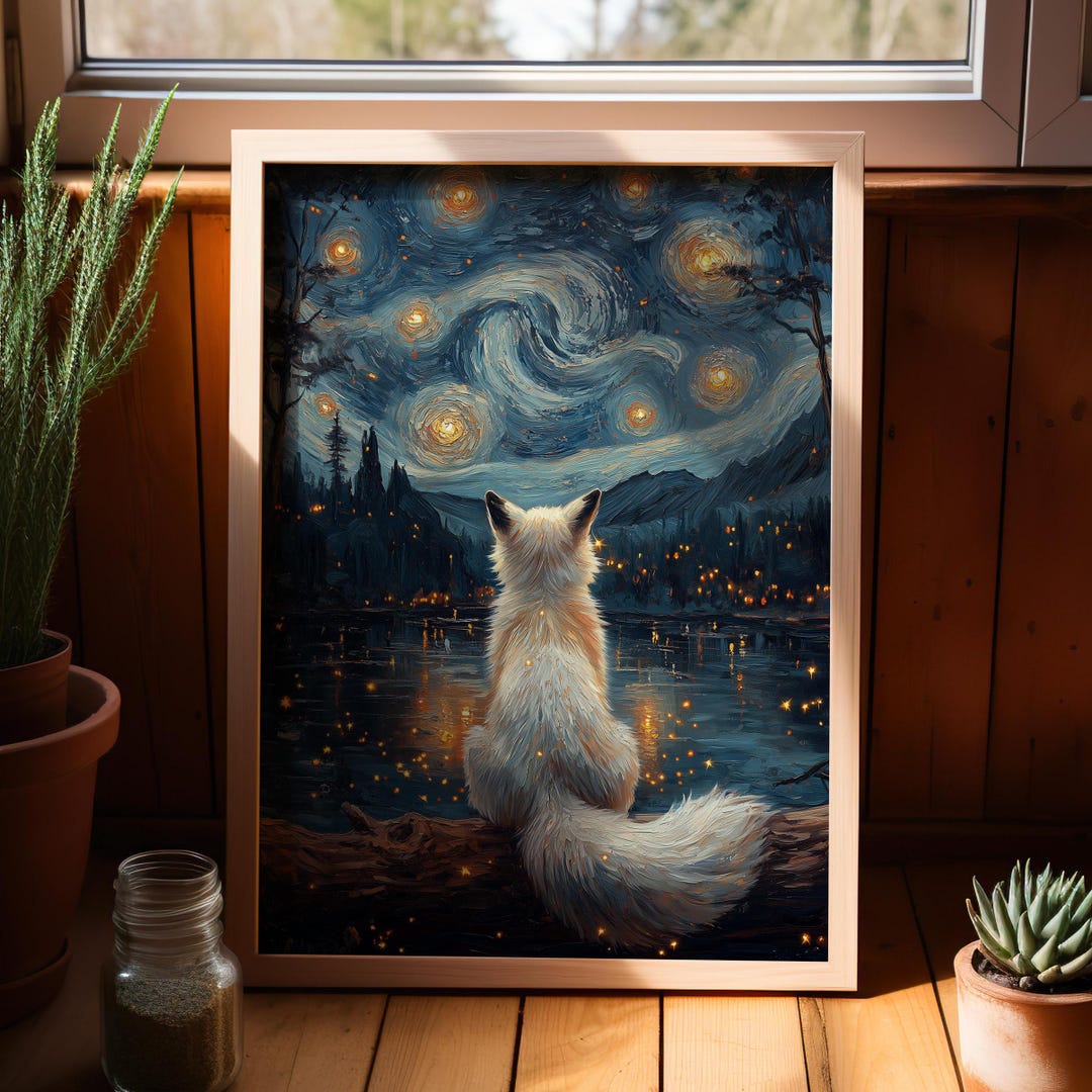 White Fox Van Gogh Inspired Starry Night Sky Oil Painting Poster or ...