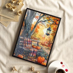 Autumn Bench Watercolor Painting Poster or Canvas Print, Pumpkins Fall ...