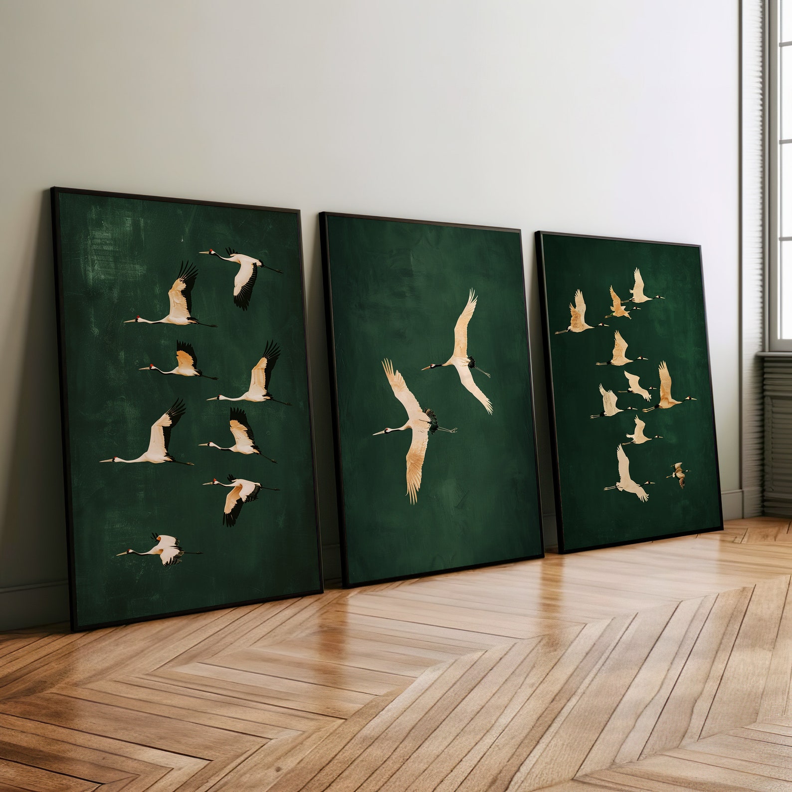 Cranes Emerald Green 3-piece Set Wall Art or Canvas, Cranes Japanese ...