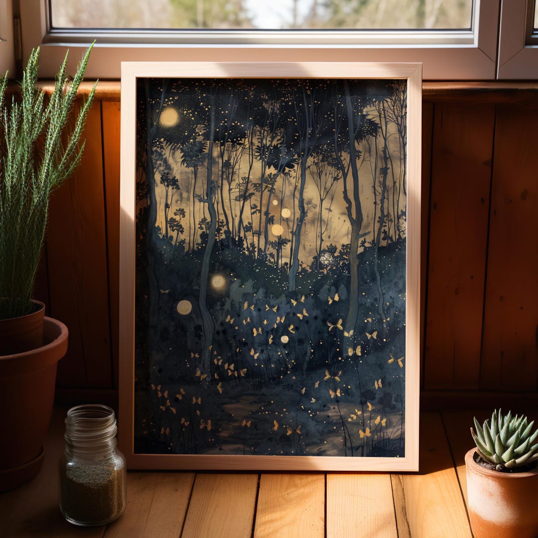 Enchanting Fireflies and Butterflies in the Forest Poster or Canvas ...