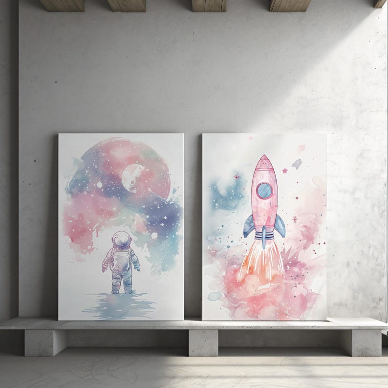 Watercolor Light Pink Pastel Space Astronaut Set of 3 Art Print Nursery ...
