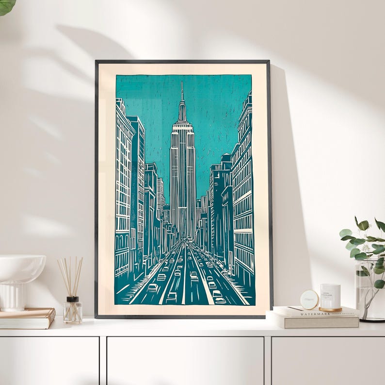 Empire State Building Linocut Art Print or Canvas Print, NYC Skyline ...