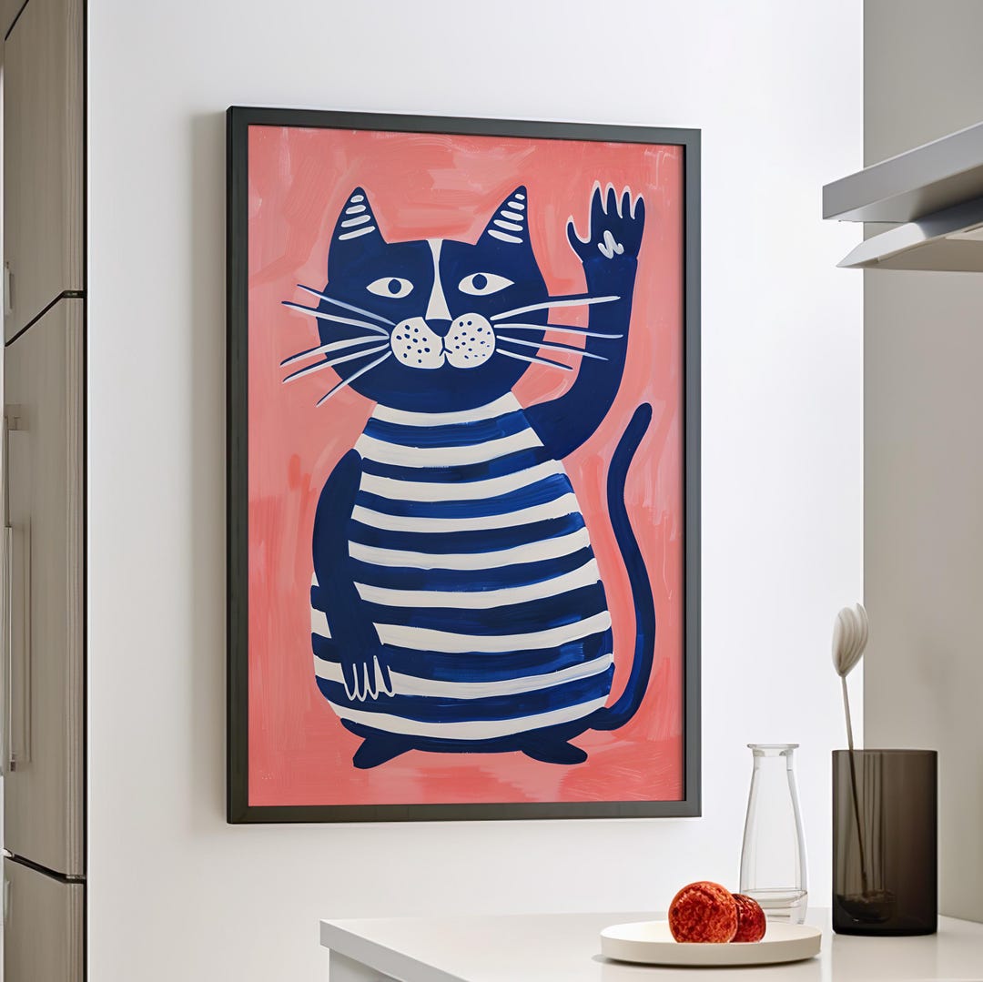 Minimalistic Blue Cat Pink Painting Poster or Canvas Print, Cat in ...