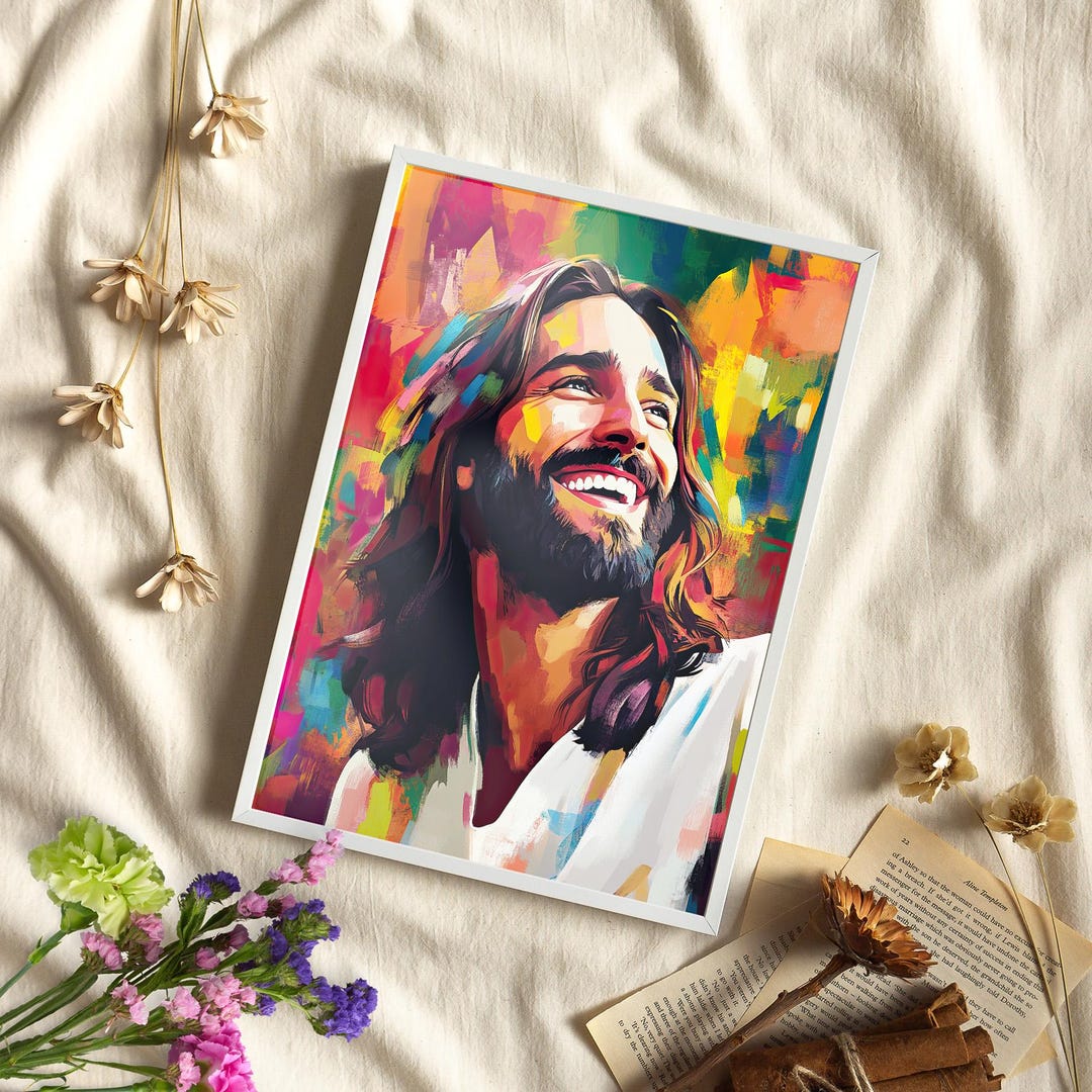 Colorful Abstract Jesus Portrait Poster or Canvas Print, Smiling Art ...