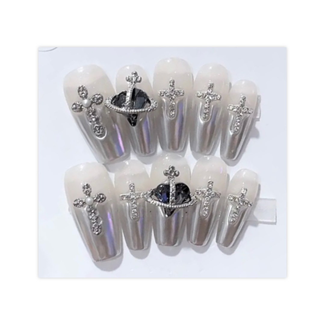 Custom Metallic Silver Cross Charms Gel Reusable Press on Nails ...