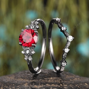 Gothic Black Gold Ruby Bridal Set Unique Floral Engagement Wedding ...