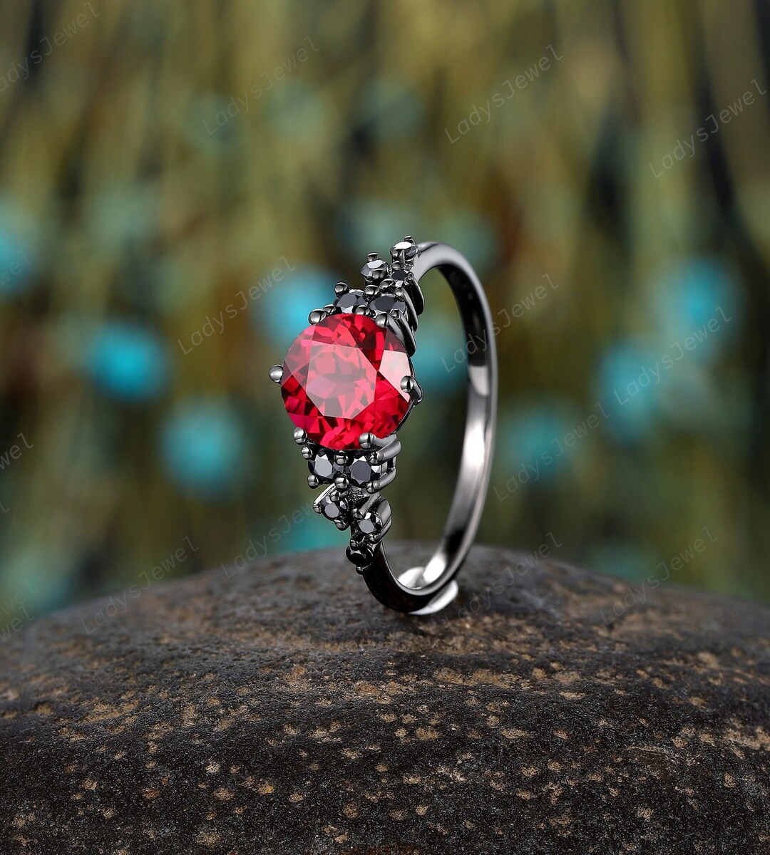 Gothic Black Gold Ruby Engagement Ring, Black Cluster Wedding Ring ...