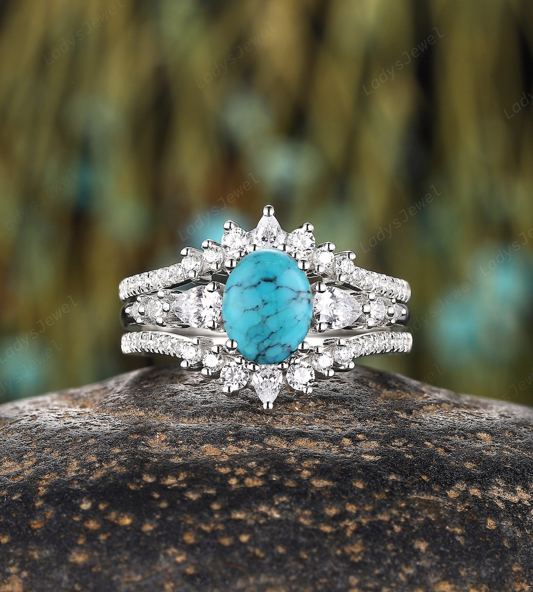 Nature Inspired Blue Turquoise Engagement Ring Set, 3PCS Oval Western ...