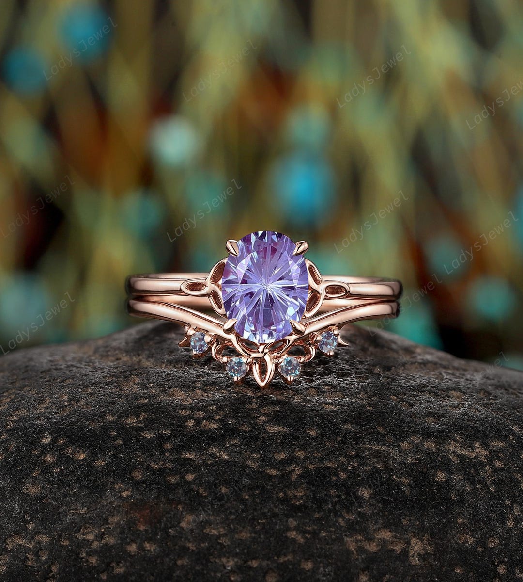 Firework Cut Alexandrite Celtic Knot Bridal Set 14K Rose Gold June ...
