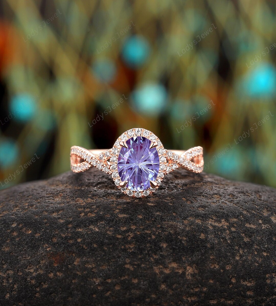 Firework Cut Oval Shape Alexandrite Engagement Ring Vintage 14K Rose ...