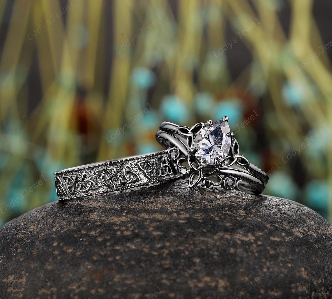 Pear Gray Moissanite Gothic His and Hers Wedding Band, 14K Black Gold ...