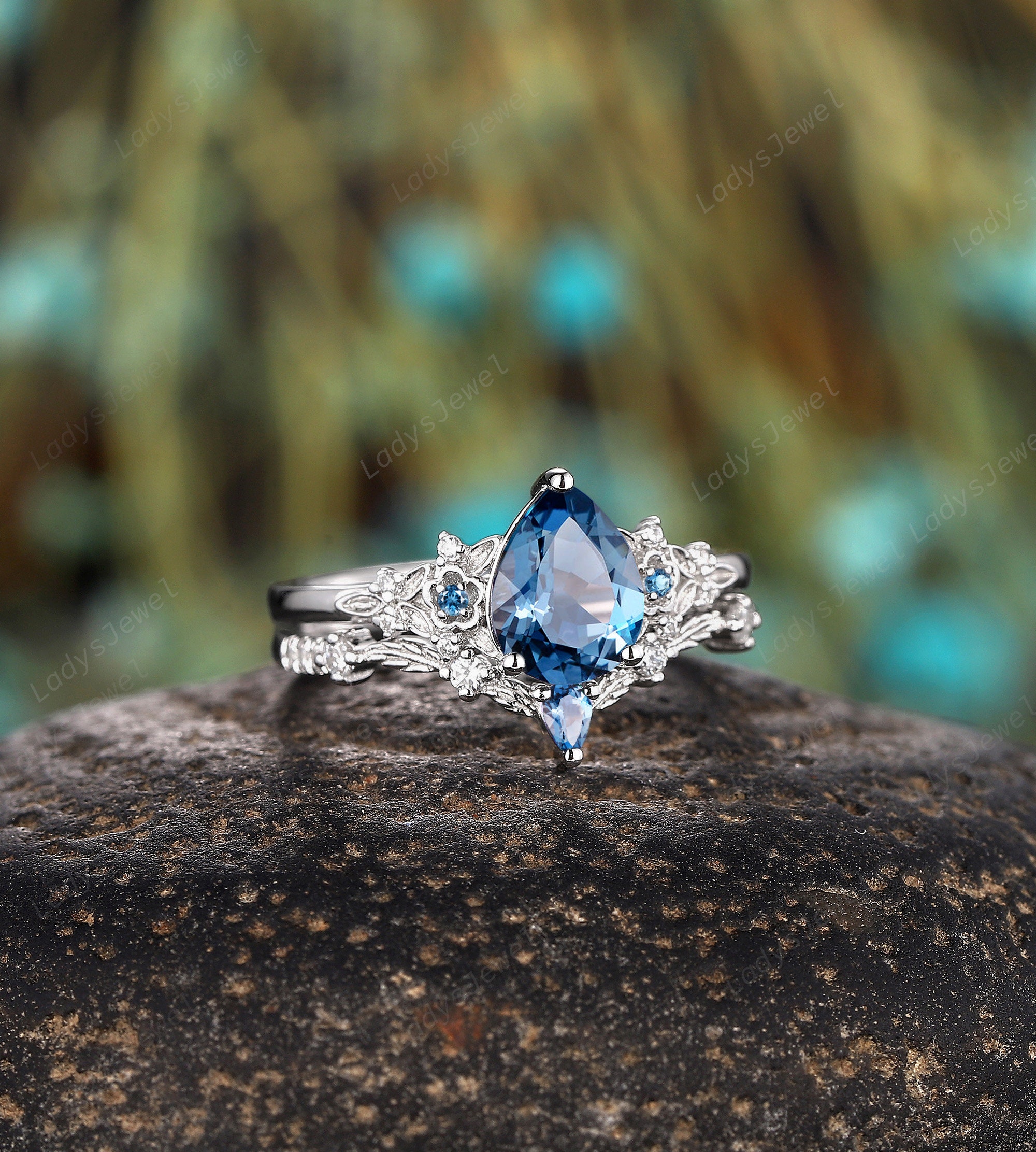 Platinum Pear Shape London Blue Topaz Engagement Ring Set Floral Topaz Promise Ring White Gold Blue Topaz Wedding Anniversary Ring Gift Etsy