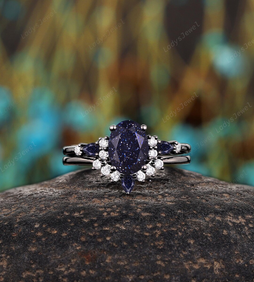 Orion Nebula Blue Sandstone Engagement Ring 14K Black Gold Blue ...