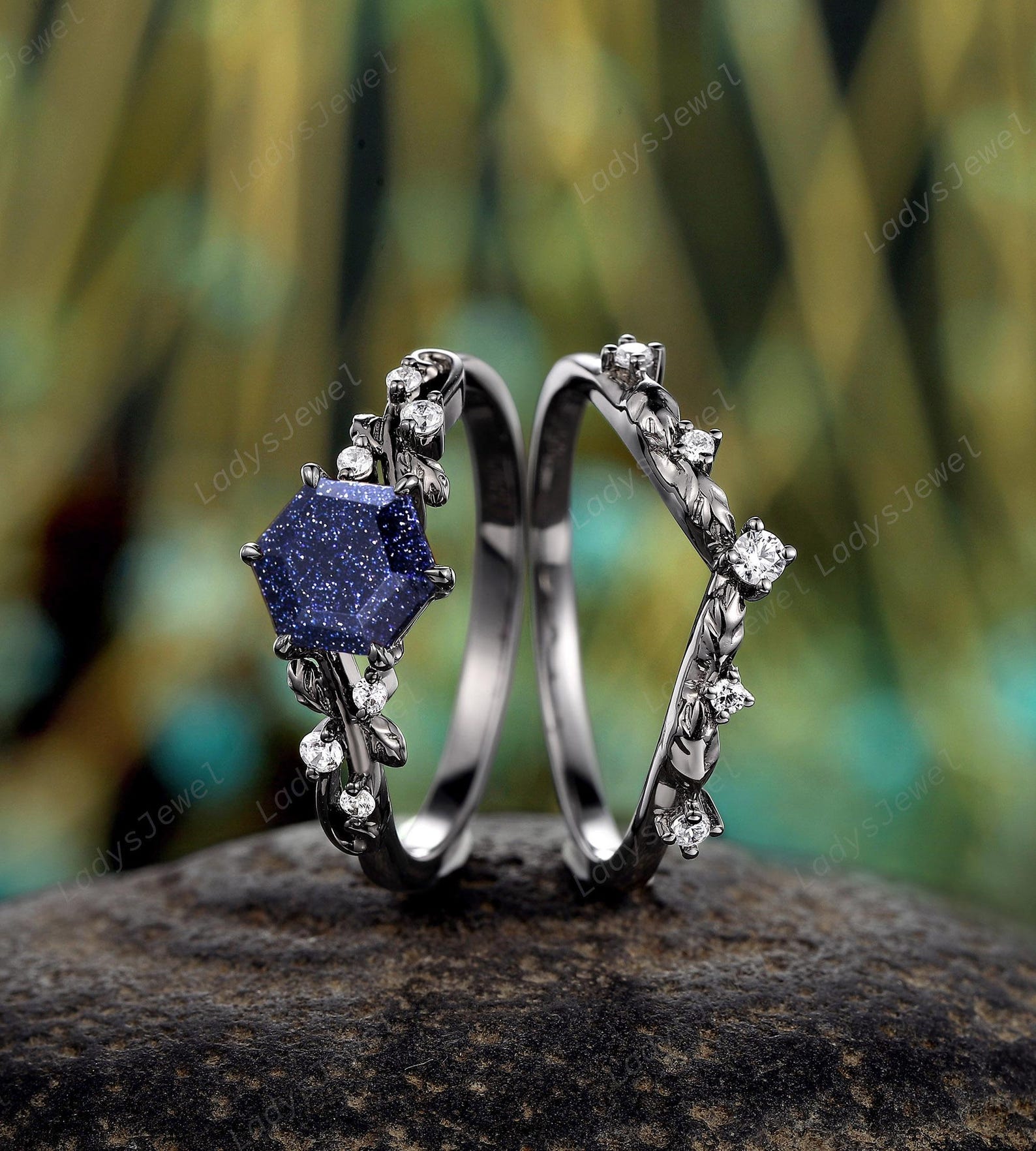 Hexagon Cut Orion Nebula Blue Sandstone Bridal Set, Rhodium Black Gold ...
