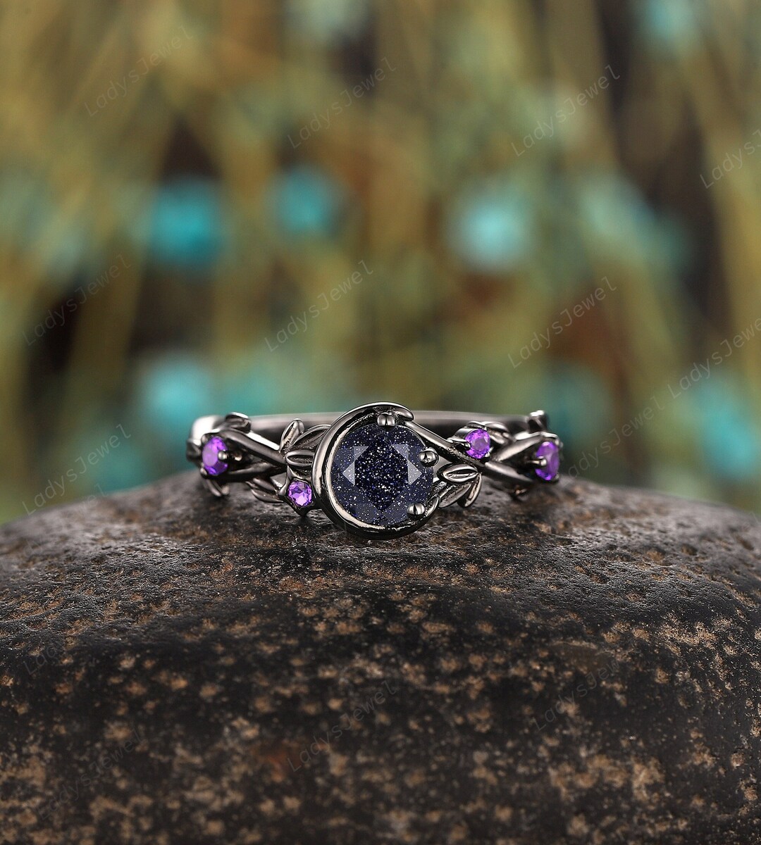 Crescent Round Nebula Blue Sandstone Engagement Ring Rhodium Black Gold ...
