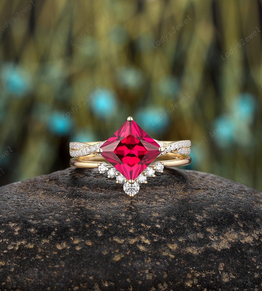 Princess Cut Ruby Engagement Ring Set, Vintage Ruby Wedding Ring, 18K ...