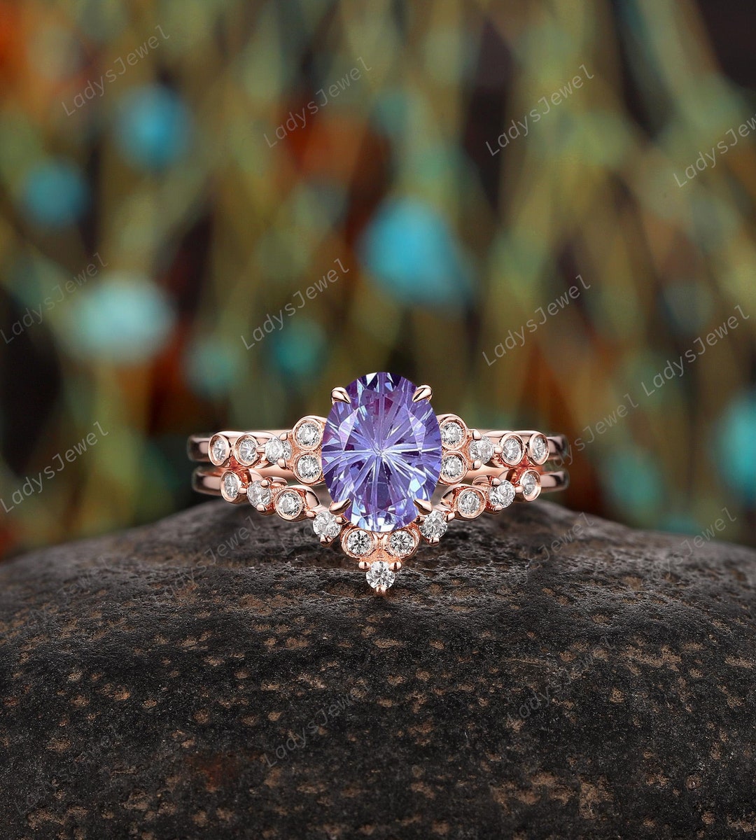 Vintage Firework Cut Alexandrite Bridal Set 14K Rose Gold Oval ...
