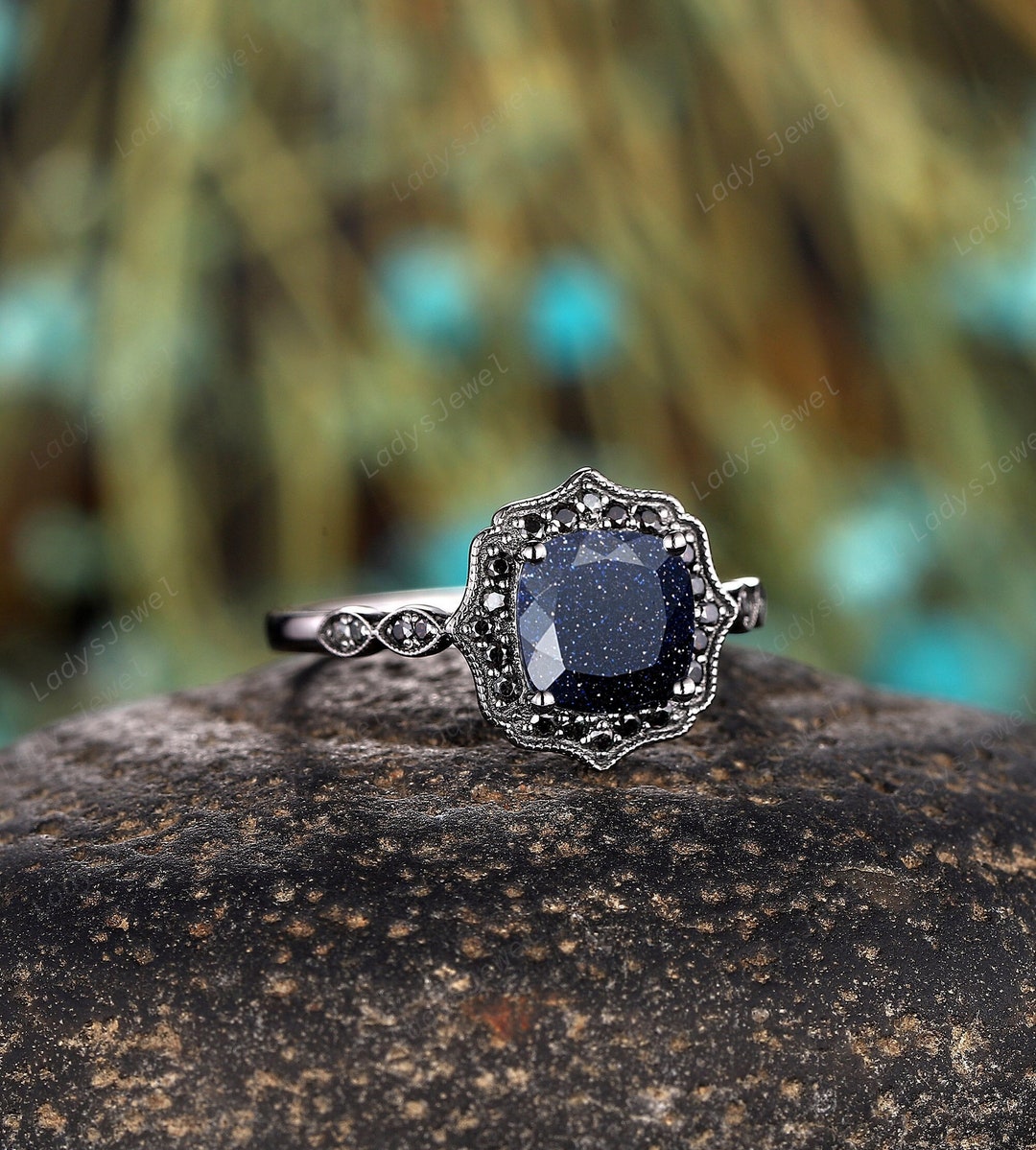 Gothic Nebula Blue Sandstone Engagement Ring Rhodium Black Gold Cushion ...