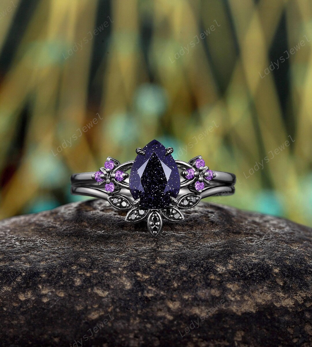 Orion Nebula Blue Sandstone Engagement Ring, Rhodium Black Gold ...