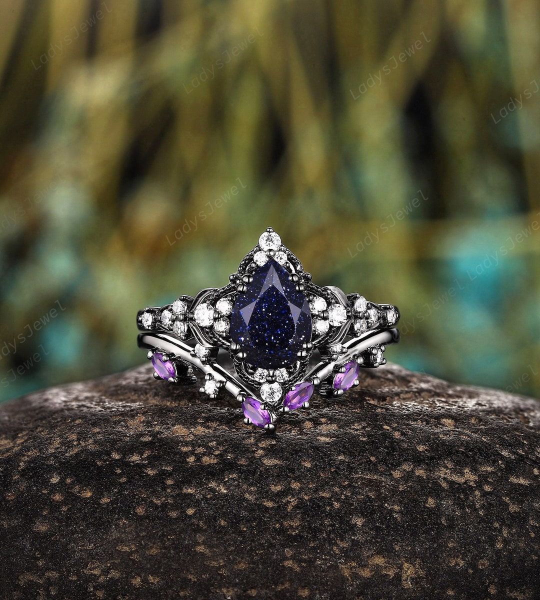 Gothic Orion Nebula Blue Sandstone Engagement Ring Set 14K Black Gold ...