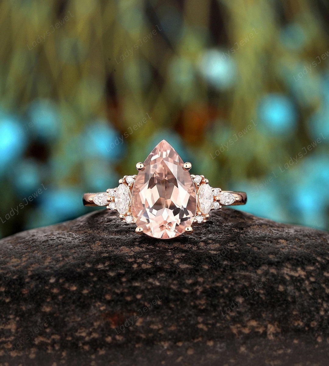 3CT Pink Morganite and Diamond Engagement Ring Rose Gold Sparkle Large ...