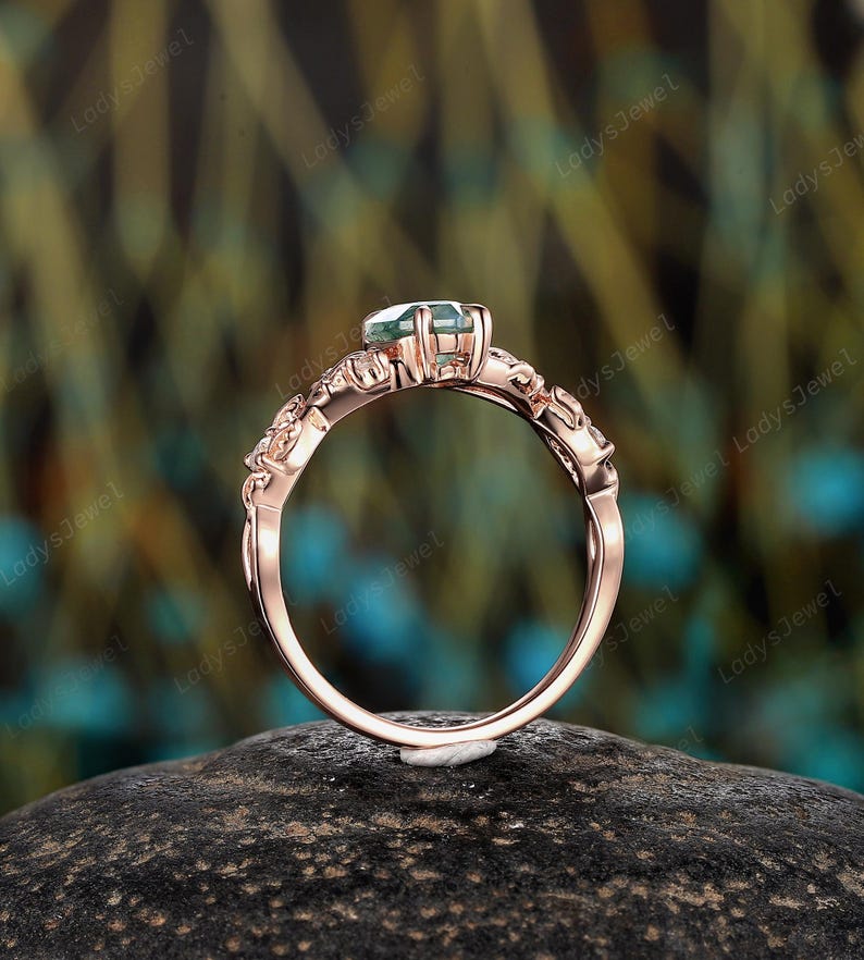Long Hexagon Cut Moss Agate Engagement Ring Vintage 14K Rose Gold Maple ...