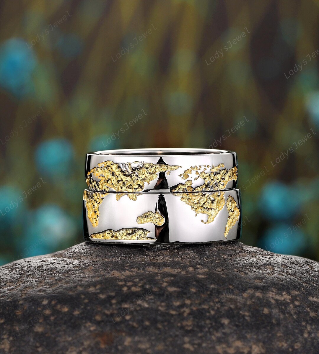 Travelers Couples Promise Ring Yellow Gold World Map His and Hers ...