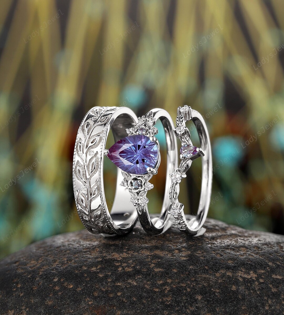 Firework Cut Pear Shape Alexandrite Couple Promise Ring Nature Inspired ...