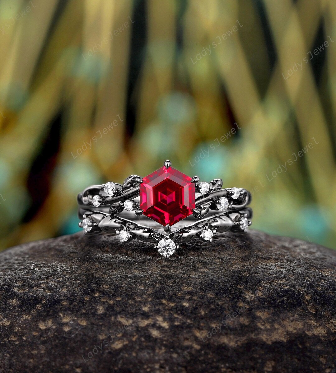 Gothic Hexagon Ruby Engagement Ring Set Rhodium Black Gold Fantasy ...