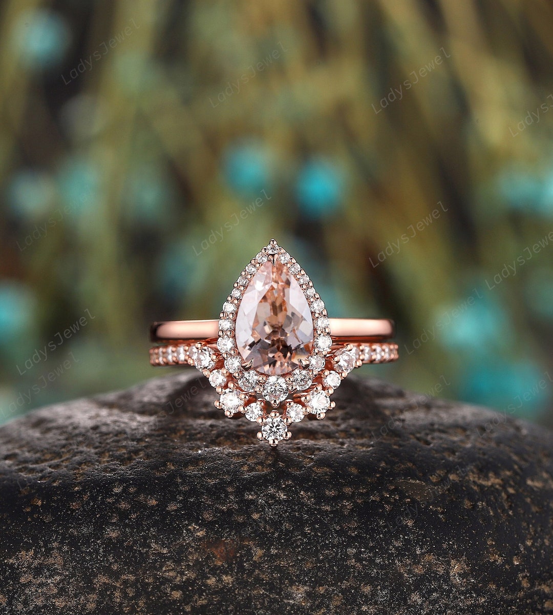 Vintage Teardrop Pink Morganite Halo Engagement Ring Set, Unique 14K ...