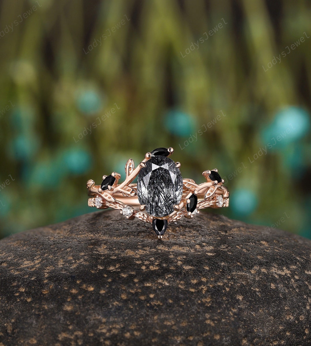 Oval Cut Black Rutilated Quartz Bridal Set, 14K Rose Gold Black Needle ...