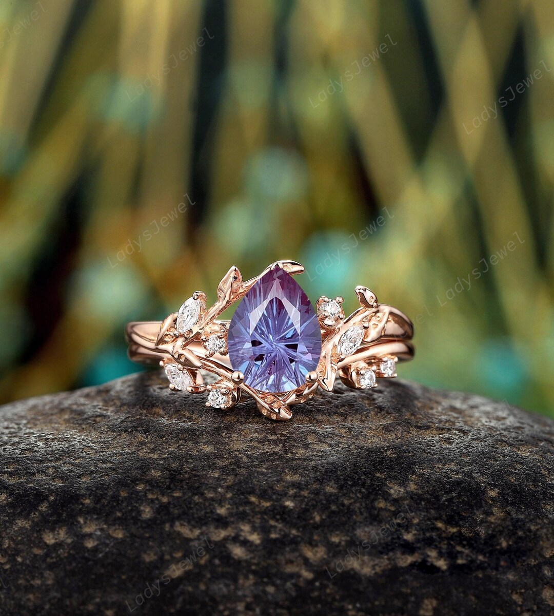 Firework Cut Alexandrite Engagement Ring Set 14K Rose Gold Pear Cut ...