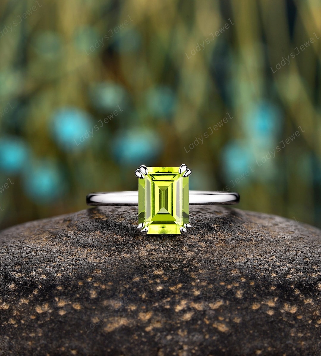 Platinum Emerald Cut Peridot Solitaire Engagement Ring, Unique White ...