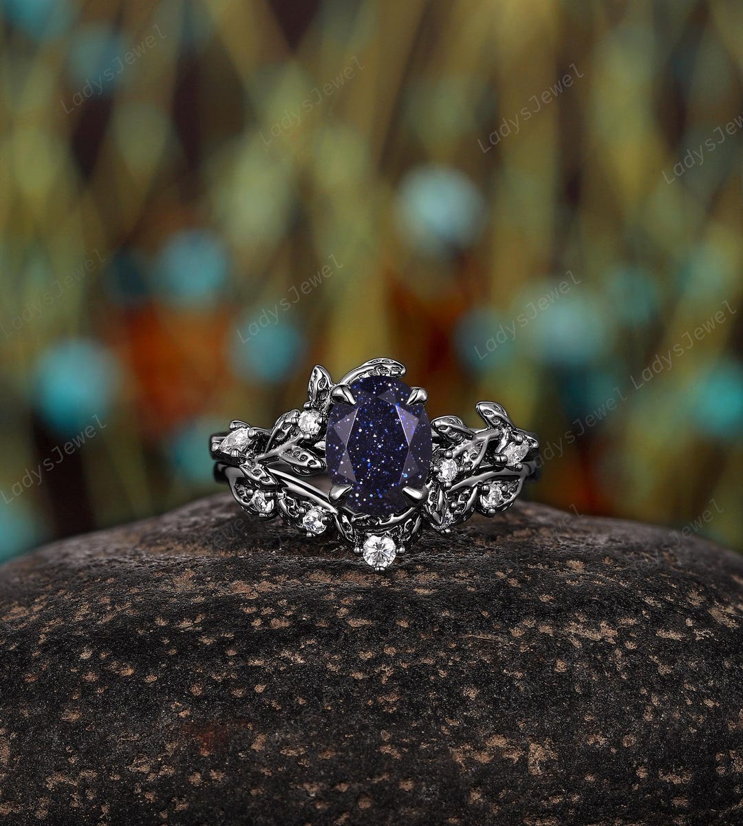 Black Gold Nebula Blue Sandstone Engagement Ring Gothic Oval Cut ...