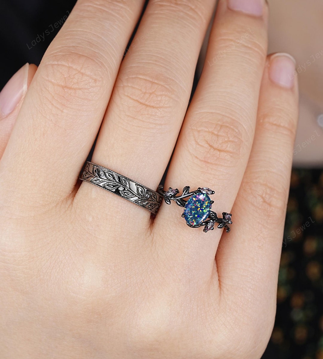 Gothic Couples Promise Ring Oval Cut Black Opal His and Hers Wedding ...