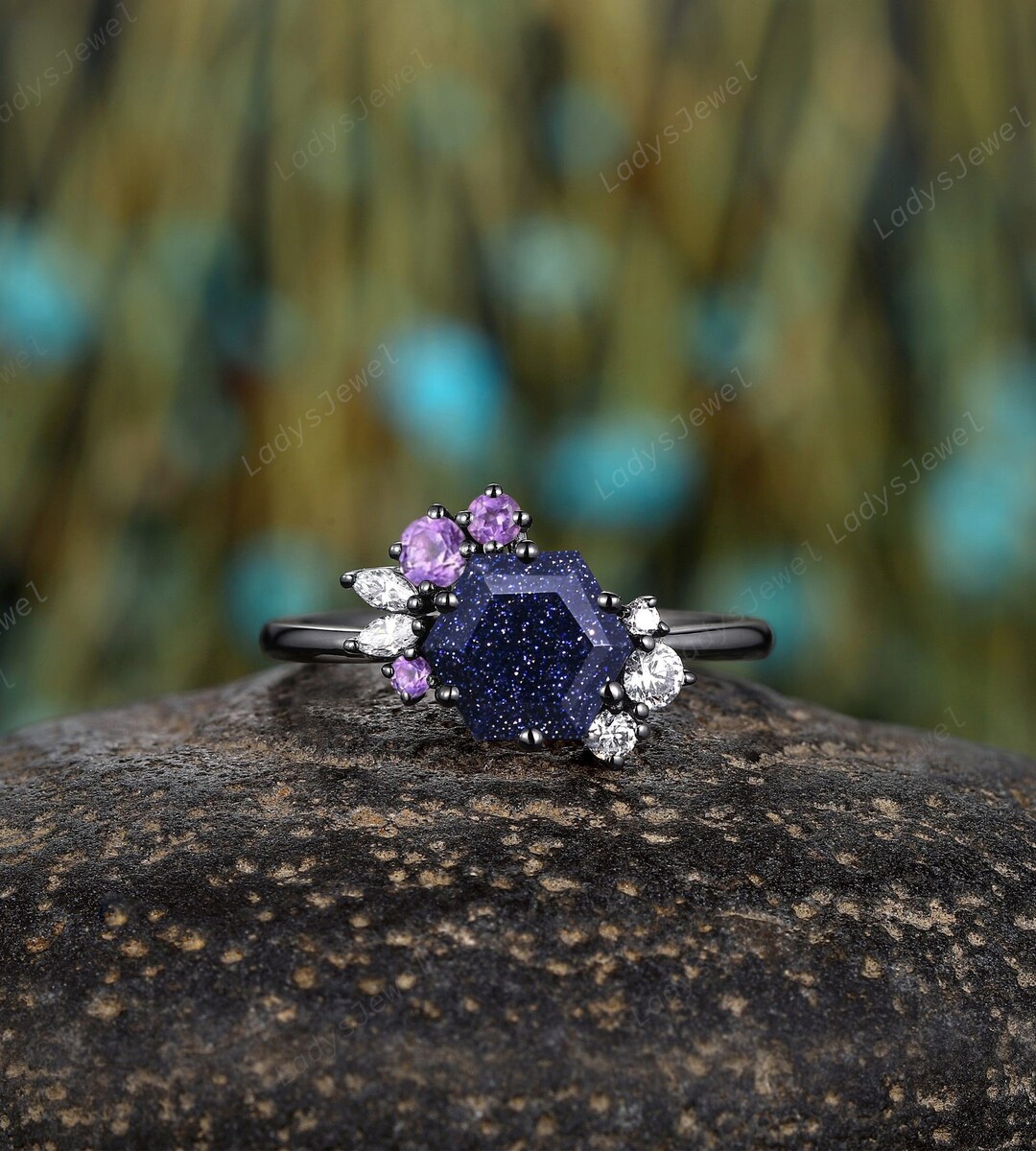 Hexagon Cut Nebula Blue Sandstone Engagement Ring 14K Black Gold ...