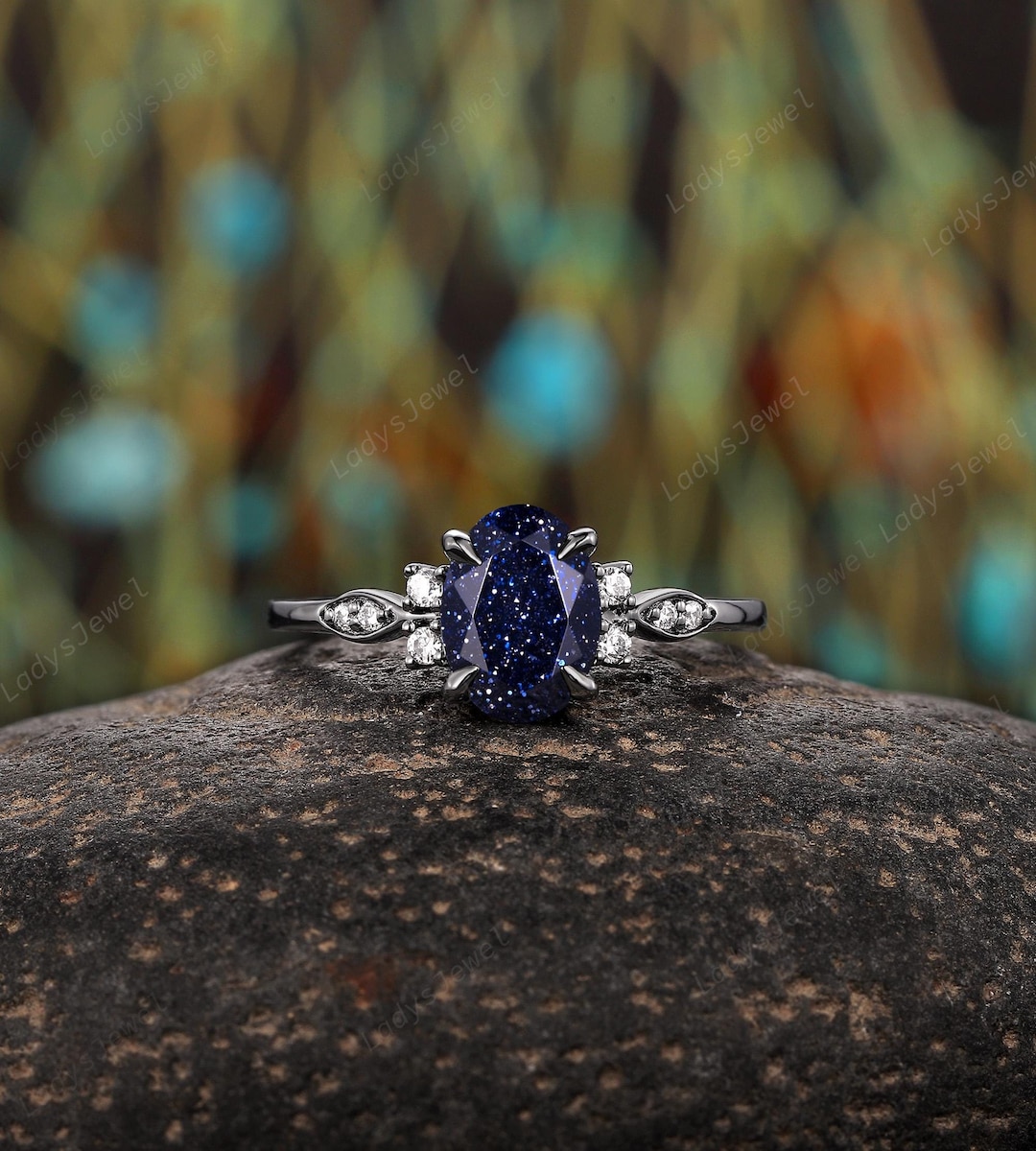 Orion Nebula Blue Sandstone Engagement Ring, Rhodium Black Gold Oval ...