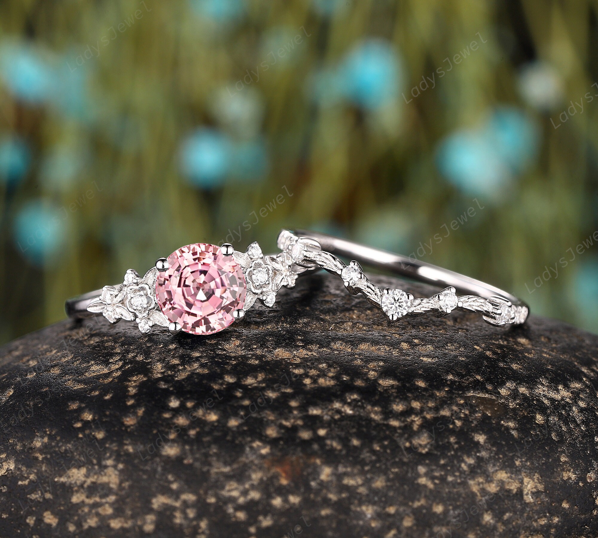 Round Shape Pink Sapphire Floral Engagement Ring, Nature Vine Blooming ...