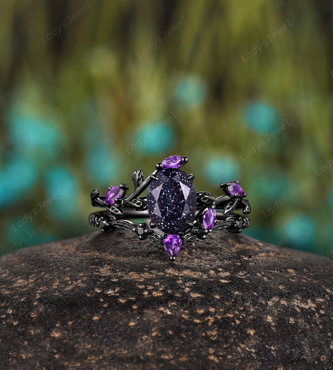 Gothic Oval Nebula Blue Sandstone Engagement Ring Set Black Gold ...