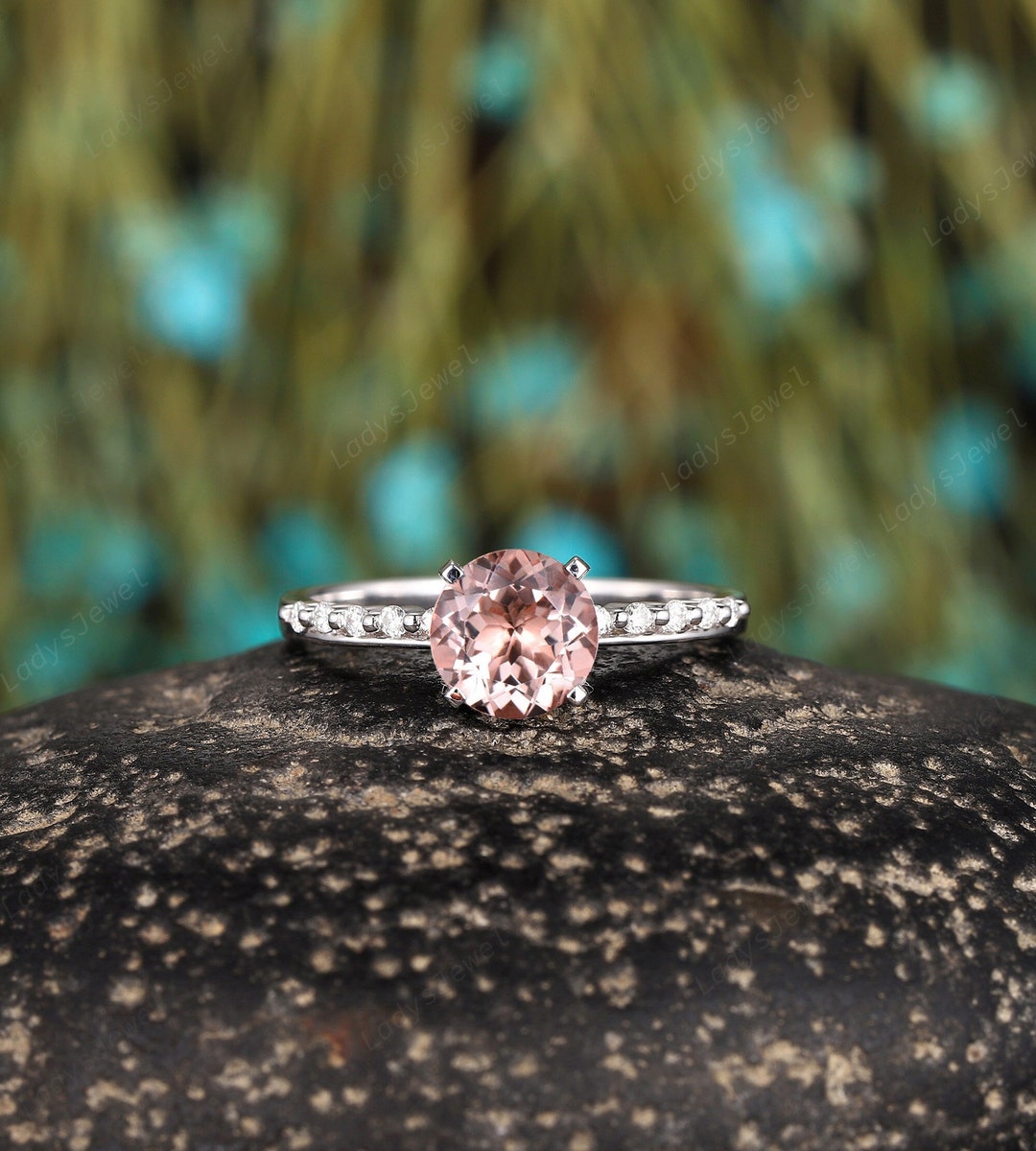 Vintage Round Shape Pink Morganite Engagement Ring, Unique White Gold ...