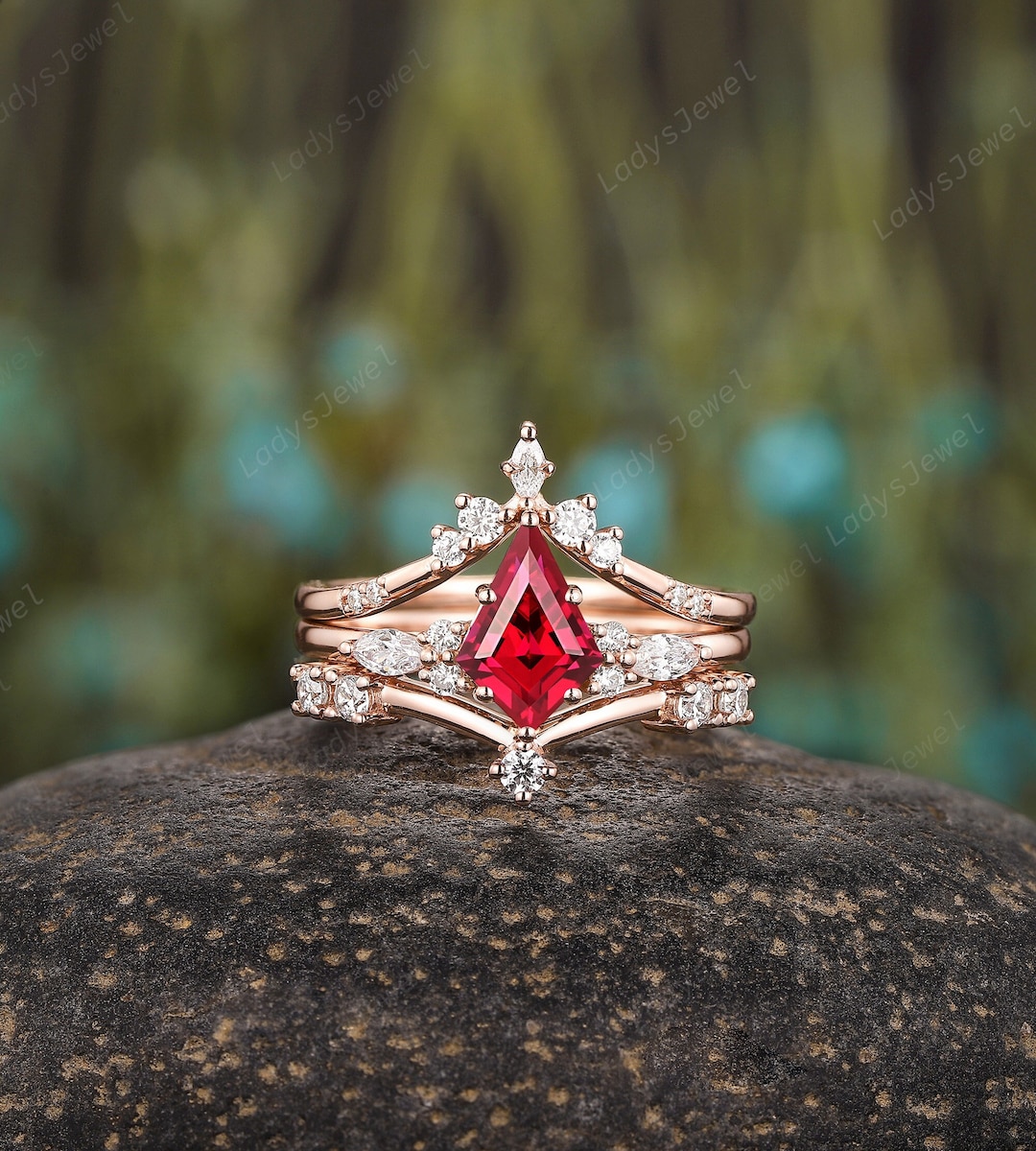 3PCS Kite Cut Ruby Engagement Ring Set,14k Rose Gold July Birthstone ...