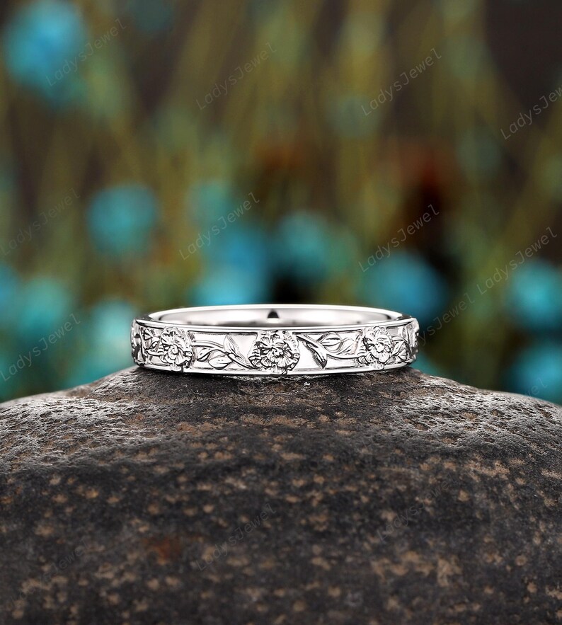 Platinum Carnation Floral His and Hers Wedding Bands January Birth ...